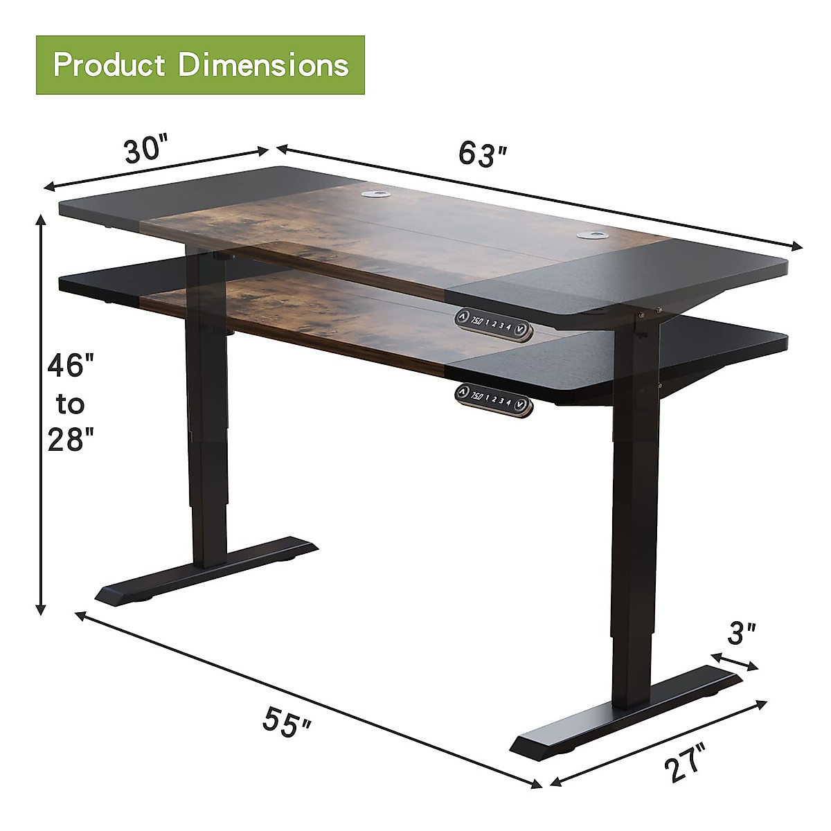 Radlove Electric Height Adjustable Standing Desk, 63x 30 Inches Stand Up Desk Workstation, Splice Board Home Office Computer Standing Table Ergonomic Desk (Black+ Brown, 63x30'')