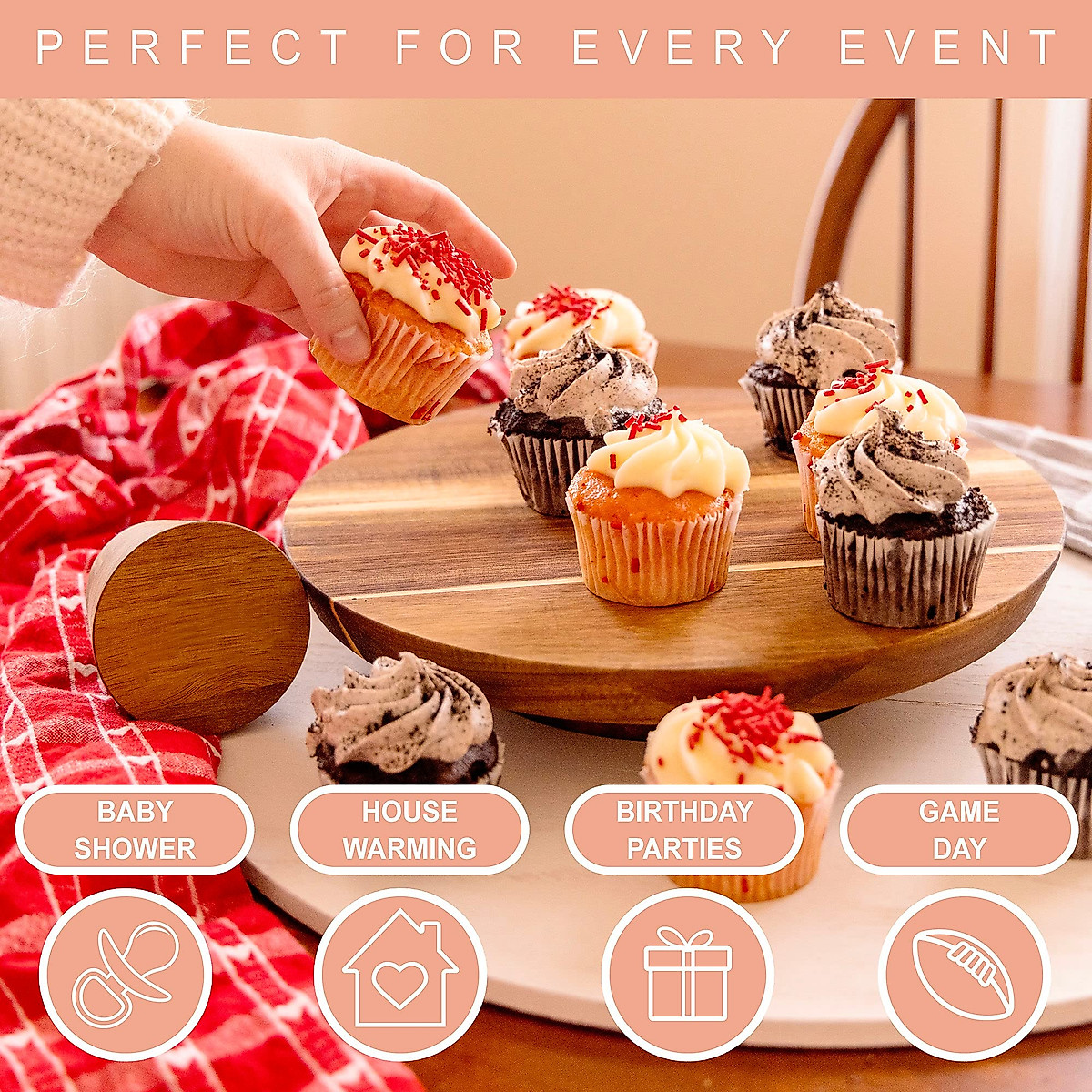 Swivel Convertible Base Acacia Wood Cake Stand, Wedding Cake Stand, Wooden Cake Stands for Snacks and Desserts. Rustic Cake Stand for Cupcakes, and Rustic Cake Stands for Wedding Cakes.