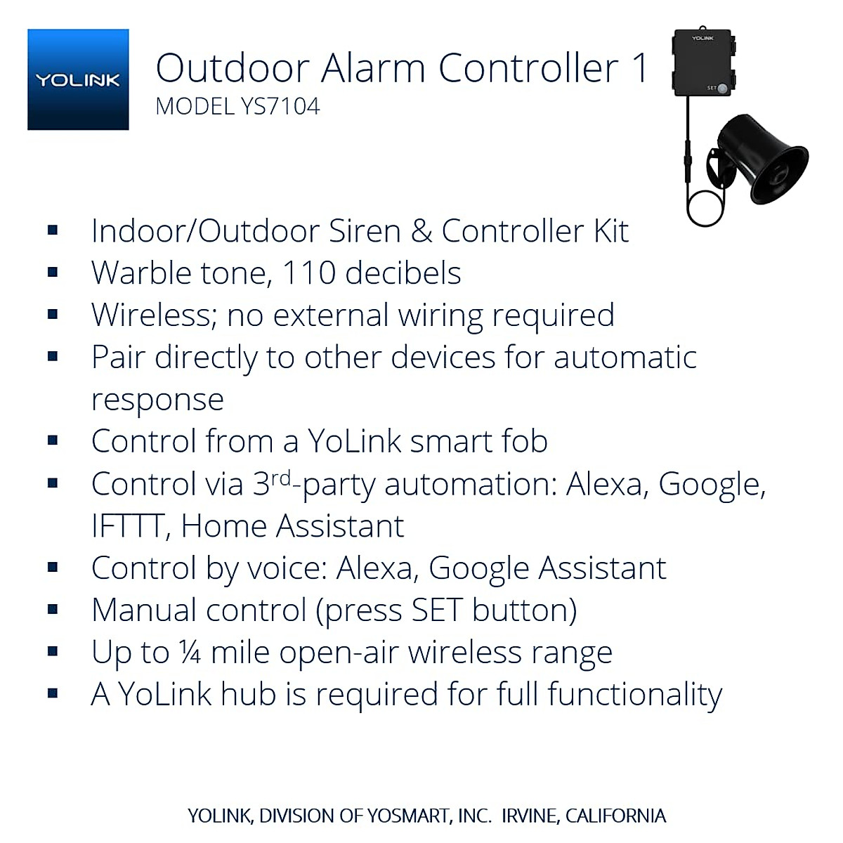 YoLink Outdoor Security Siren & Smart Alarm Controller Kit - Loud 110 dB, Wireless, Battery-Powered, 1/4 Mile Range, Android-iOS App, Alexa, Google, IFTTT, Home Assistant, Hub Required!