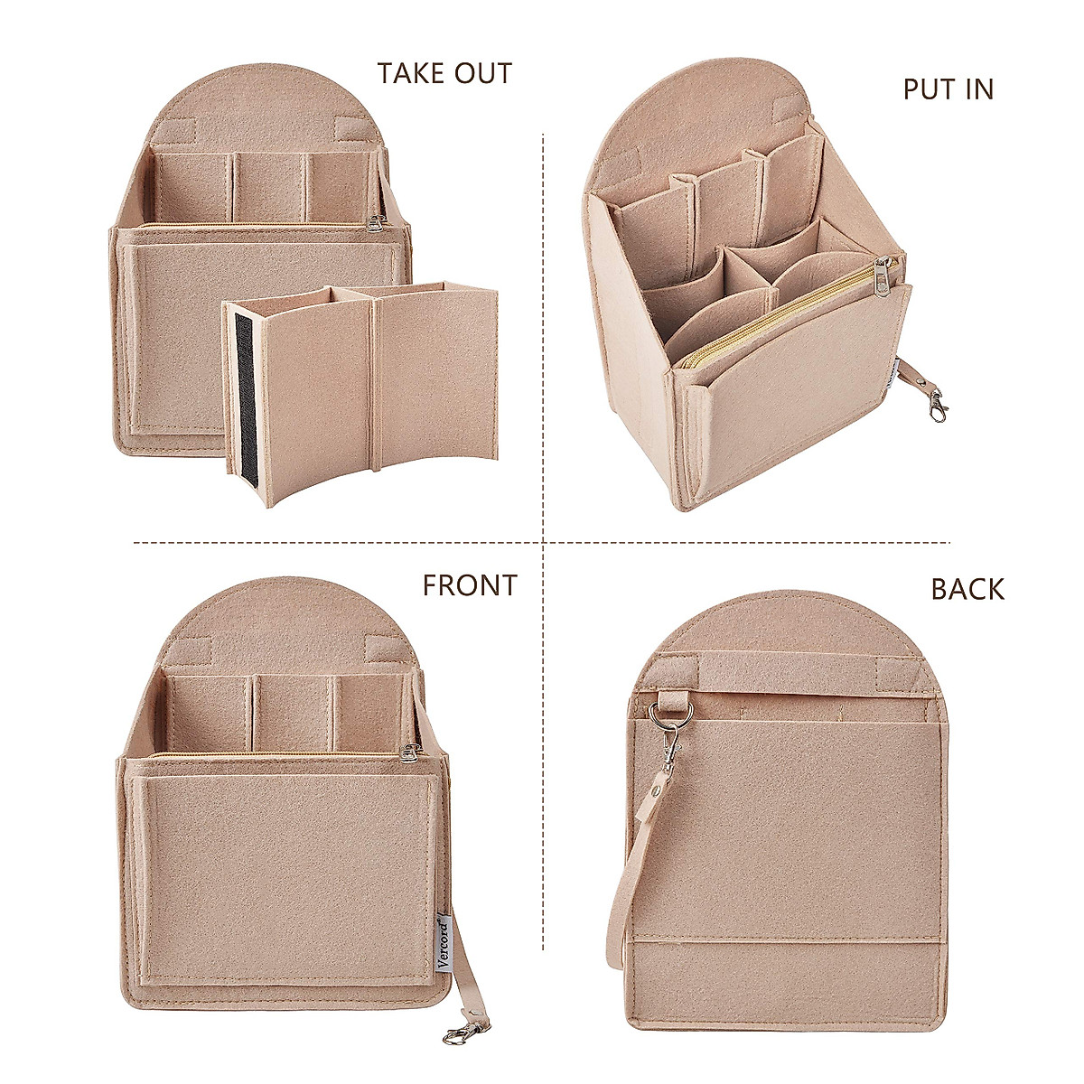 Vercord Felt Backpack Organizer Rucksack Insert Liner Inside Daypack Shoulder Bag Beige Large
