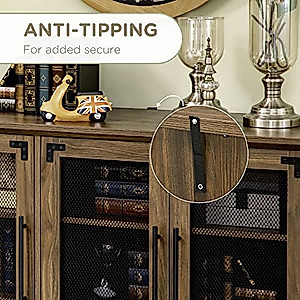 HOMCOM Farmhouse Sideboard, Buffet Cabinet with Adjustable Shelves and Wire Mesh Door, Credenza, Walnut