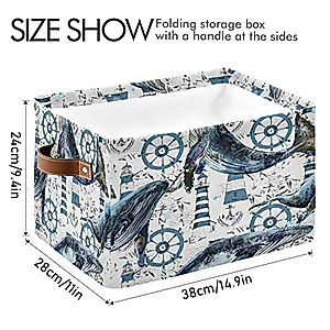 Storage Basket Nautical Sea Animal Whale Lighthouse Storage Cube Box Durable Canvas Collapsible Toy Basket Organizer Bin with Handles for Shelf Closet Bedroom Home Office