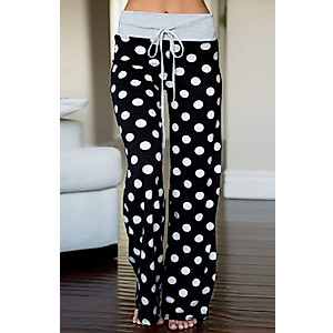 AMiERY Womens High Waisted Pants Soft Stretch Sleep Polka Dot Juniors Pants Pajamas Bottoms Wide Leg Pants Joggers Lounge Palazzo Pants Black L