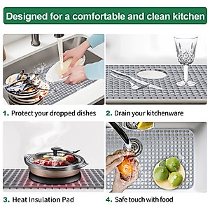 MOSTWOGO Silicone Sink Protector for Kitchen Sink 28''x15'', Heat Resistant Kitchen Sink Mat for Bottom of Stainless Steel/Porcelain Sink ,Rear Drain, 1PCS No-Slip Sink Grid Accessories(Grey)