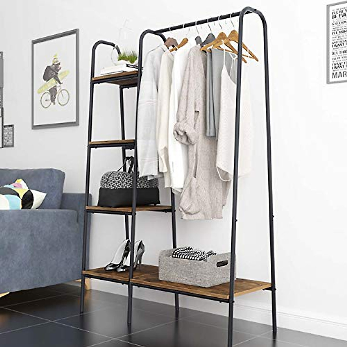 DlandHome Free-Standing Garment Clothing Racks, Home Metal Clothing Rack with 4-Tier Storage Shelves and Hanging Rod Closet Storage Organizer Clothing Rack for Bedroom Living Room Entryway