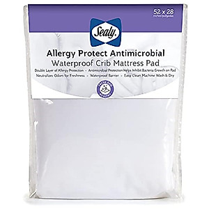 Sealy Allergy Protect Antimicrobial Waterproof Fitted Toddler Bed and Baby Crib Mattress Pad Cover Protector, Noiseless, Machine Washable and Dryer Friendly, 52" x 28" - White