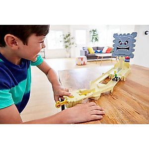 Hot Wheels Mario Kart Track Set & Toy Car, Thowmp Ruins Playset with Luigi Kart Vehicle & Pull-Back Launcher