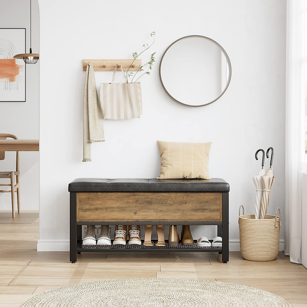 HOSTACK Storage Bench, Entryway Shoe Bench with Flip-Open Storage Box, End of Bed Ottoman Bench with Storage Shelf and Padded Seat for Bedroom, Hallway, Rustic Brown