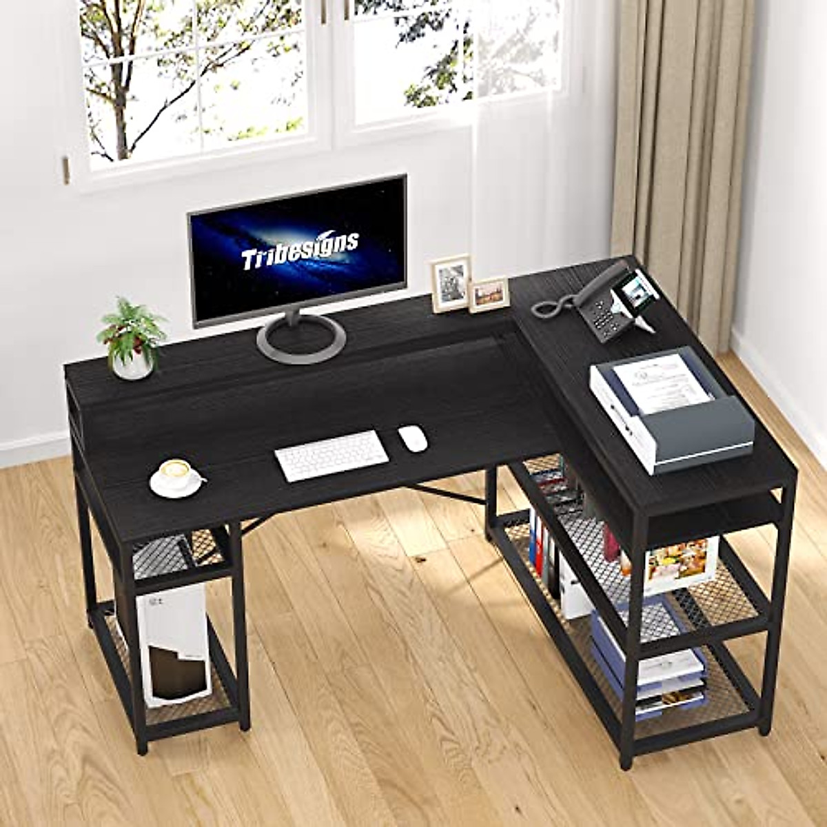 Tribesigns L Shaped Desk with Storage and Monitor Stand, Industrial Home Office Computer Desk with Storage Shelves, 59 Inch Corner Desk with Monitor Shelf(Full Black)