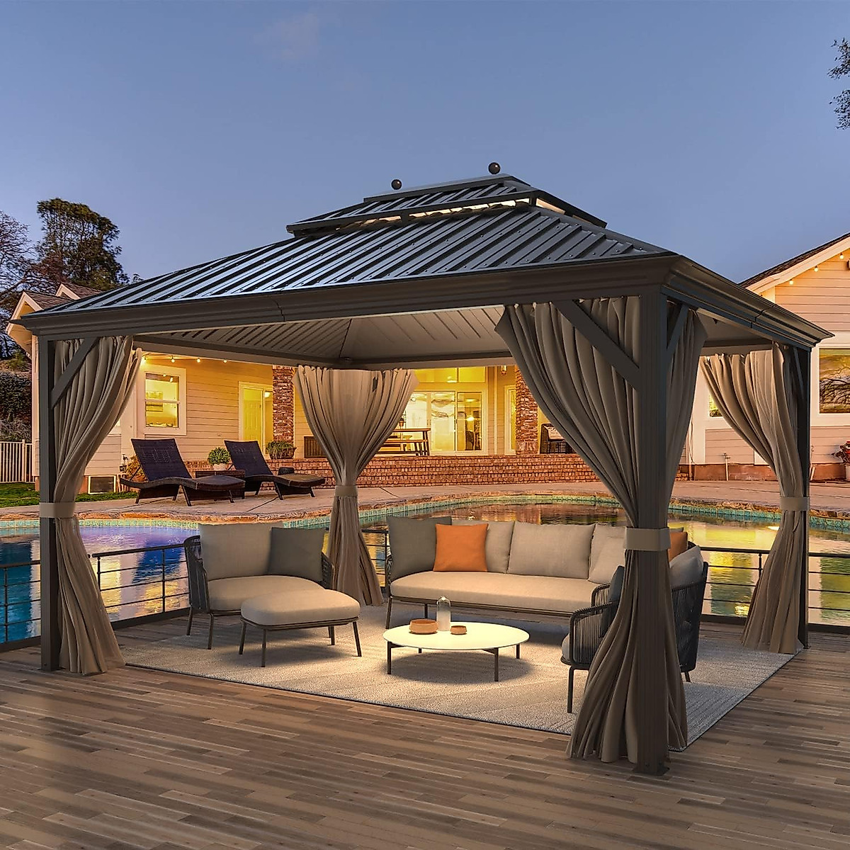 MELLCOM 12' x 14' Hardtop Gazebo, Brown Permanent Pavilion Gazebo with Curtains and Netting, Galvanized Steel Metal Double Roof Aluminum Gazebo with Aluminum Frame for Patios, Gardens, Lawns