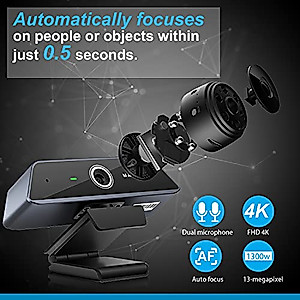 MAXHUB 4K AutoFocus Web Cameras for Computers, Streaming Webcam with Dual Microphone Plug and Play USB HD Webcam with 13MP for Pro Streaming/Online Teaching/Video Calling/Zoom/Skype