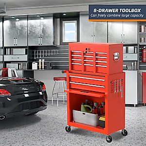 8-Drawer Rolling Tool Chest & Removable Tool Box with Locking System, Tool Box Organizer with 4 Wheels&Hooks, Large Capacity Garage Storage Cabinet for Warehouse and Repair Shop(Red)