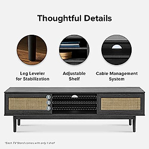 mopio Haylee Farmhouse Rattan 59" TV Stand, 100% Natural for 55/60 inch TV, Modern Farmhouse Boho with Rattan Sliding Doors, Adjustable Shelves, Includes Leveler (Charcoal)