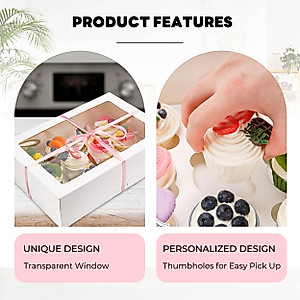 NPLUX Cupcake Boxes 6 Packs,White Dozen Cupcake Containers with Window Fit 12 Cupcakes or Muffins with Ribbon