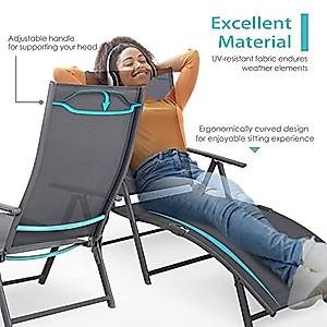 Nuu Garden Folding Chaise Lounge Chairs for Outside, Patio Lounge Chair with 6-Position Adjustable Backrest and Breathable Textile Fabric, Lawn Chairs for Beach, Yard, Pool and Patio, Grey