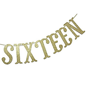 Sweet Sixteen Birthday Banner Gold Glitter for 16th Birthday Party Decor 16 years old Decoration Supplies Cursive Bunting Photo Booth Props Sign