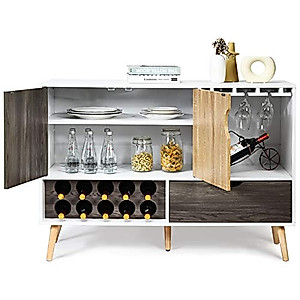 Giantex Buffet Sideboard with Storage, Wine Bar Cabinet for 10 Bottles, Glass Holder, Large Drawer, Wood Cupboard Pantry for Kitchen Cupboard, Standing Credenza (White & Wood)