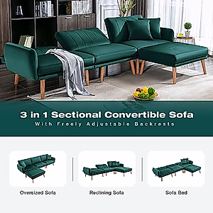 JOMEED 105" Convertible Sectional Sofa Couch, Modern Oversized Velvet Fabric L-Shaped Couch Sofa Bed with Adjustable Backrest for Living Room, Apartment