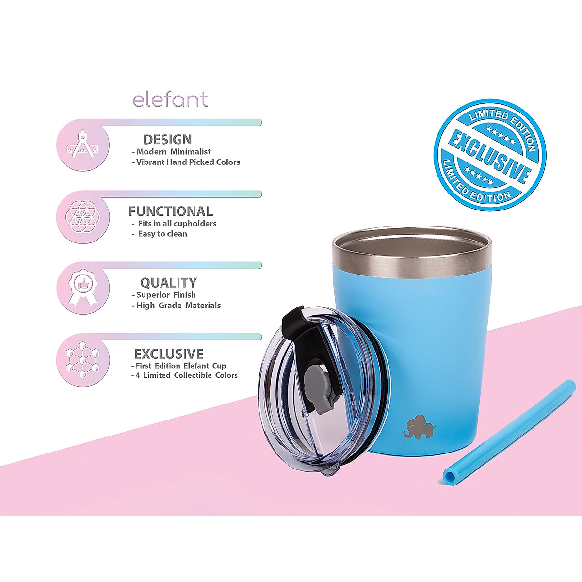 ELEFANT Kids & Toddler Cups (SET of 2), Stackable Stainless Steel Insulated Tumblers with BPA FREE Leak Proof Lids and Reusable Silicone Straws, Elegant, Powder Coated (BLUE + TURQUOISE)