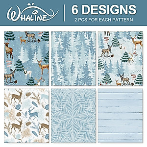 Whaline 12Pcs Christmas Wrapping Paper Winter Reindeer Gift Wrap Paper Bulk Folded Flat Blue Christmas Tree Decorative DIY Craft Paper, 20 x 28 Inch