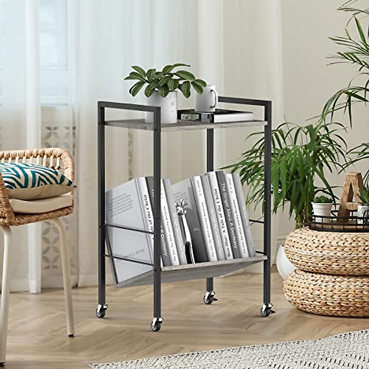 YBING Record Player Stand with Record Storage Vinyl Record Storage Table 2-Tier Turntable Stand Record Display Table with Wheels, Gray