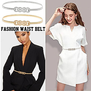 Suyi Skinny Stretch Belt for Women Elastic 2 Pieces Waist Belt Thin Cinch Belts for Dress Gold Silver Set7
