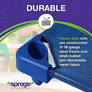 Sprogs Heavy-Duty Stackable Standard Size 52"L Daycare Cots for Kids and Toddlers, Stacking Preschool Classroom Kids Cots for Sleeping, Resting, Naptime, Pack of 6, Blue