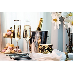 Gold Rim Champagne Gift Glasses | Set of 2 | Crystal Square Toasting Flutes for Bride and Groom, Wedding, Anniversary, Birthday | Elegant Long Stemmed Glassware for Sparkling Wine, Prosecco