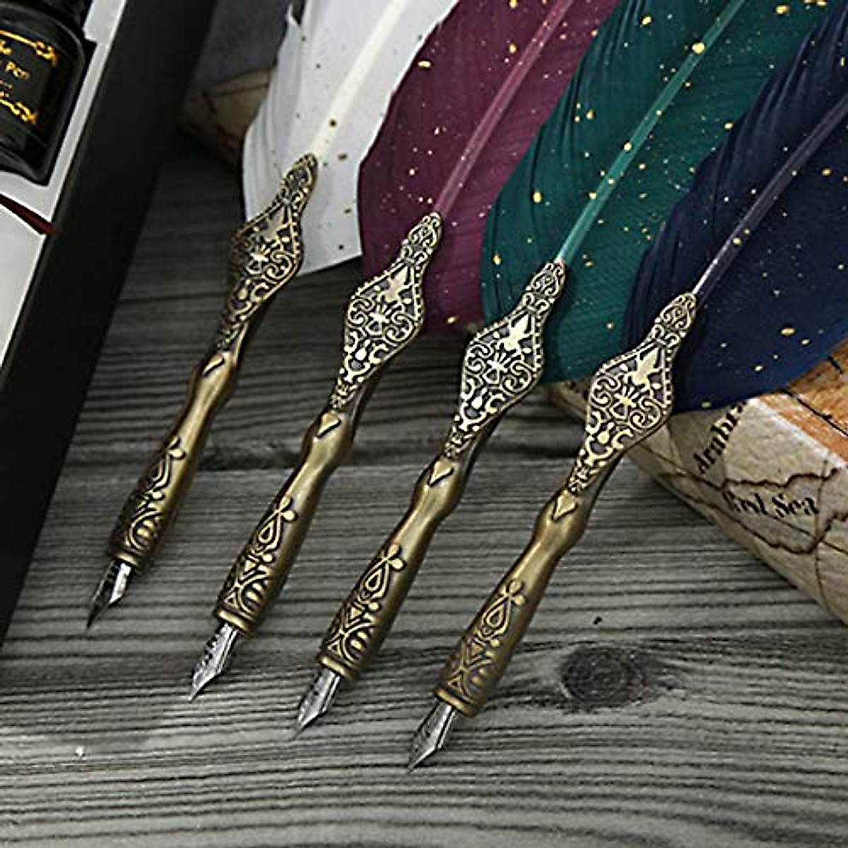 tegongse Sprinkle Gold Vintage Feather Quill Dip Pen Set, Calligraphy Fountain Pen in Gift Box