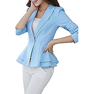 YMING Womens Casual Solid Color Blazer Office Blazer Business Ruffle Hem Jackets Water Blue M