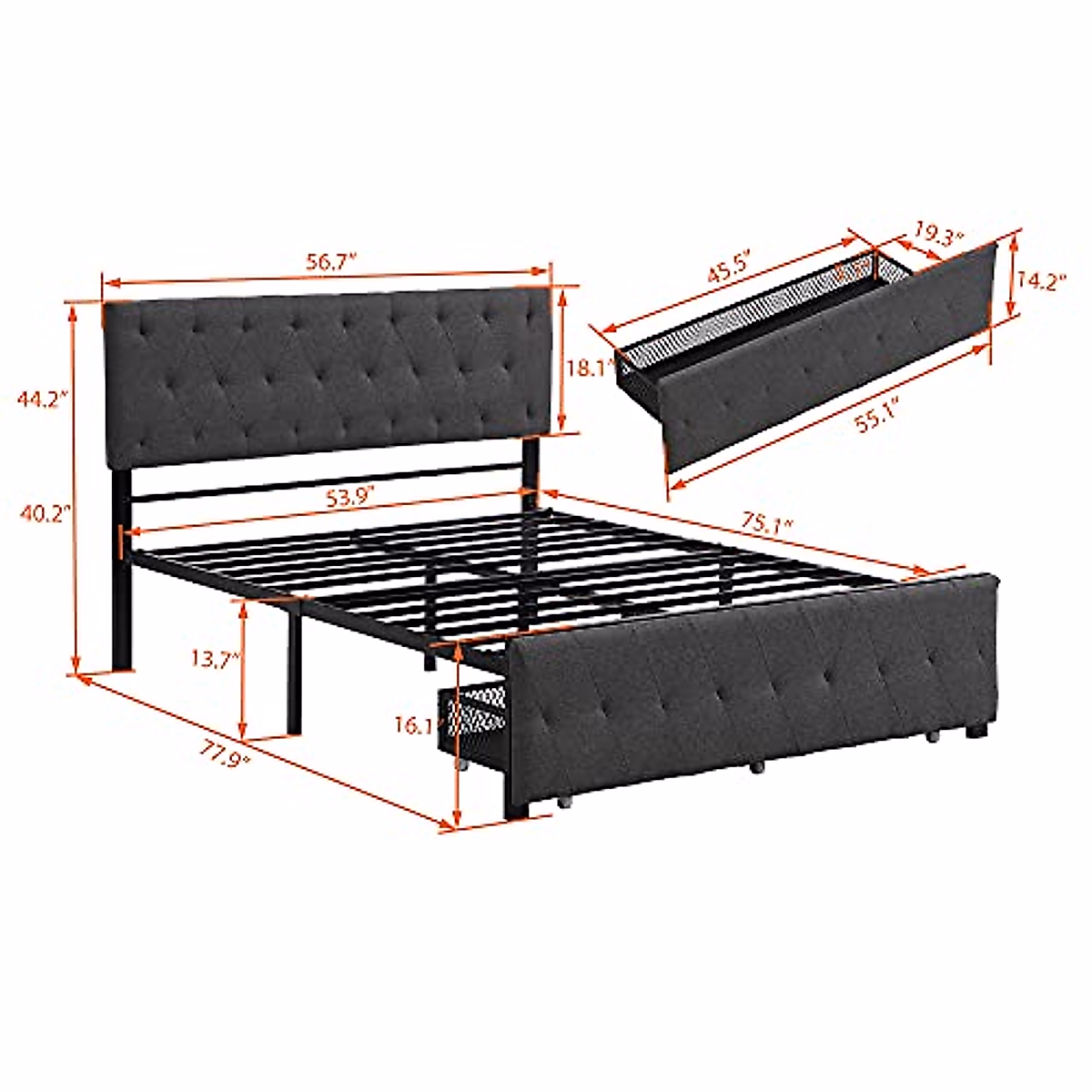 Merax Metal Upholstered Bed Frame wit Storage Drawer/Mattress Foundation/Wood Slat Support/No Box Spring Needed Gray, Full