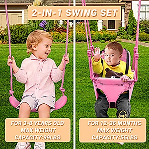 Kiriner Swing Set Outdoor Swings for Kids Toddlers with Waterproof Metal A-Frame, 4 Anchors, Two Swing Seats Swing Sets for Backyard Playground Pink&Blue