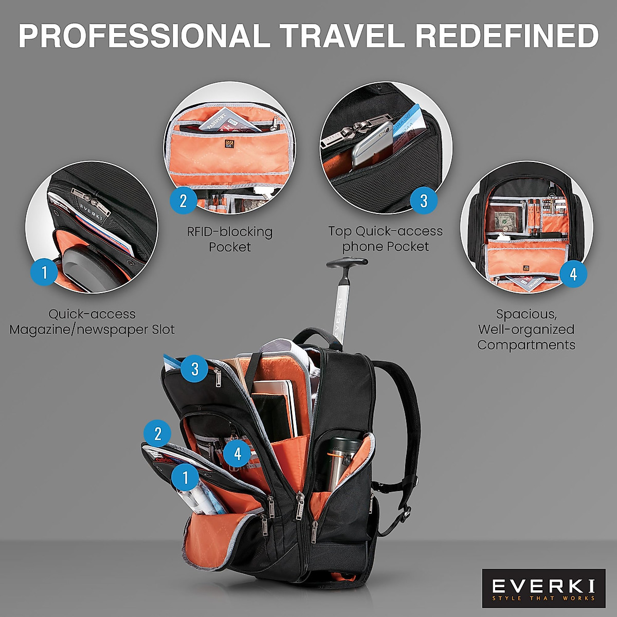 EVERKI (EKP122) Atlas Wheeled Laptop Backpack Adjustable Compartment, Business Professional,Black,13-Inch to 17.3-Inch