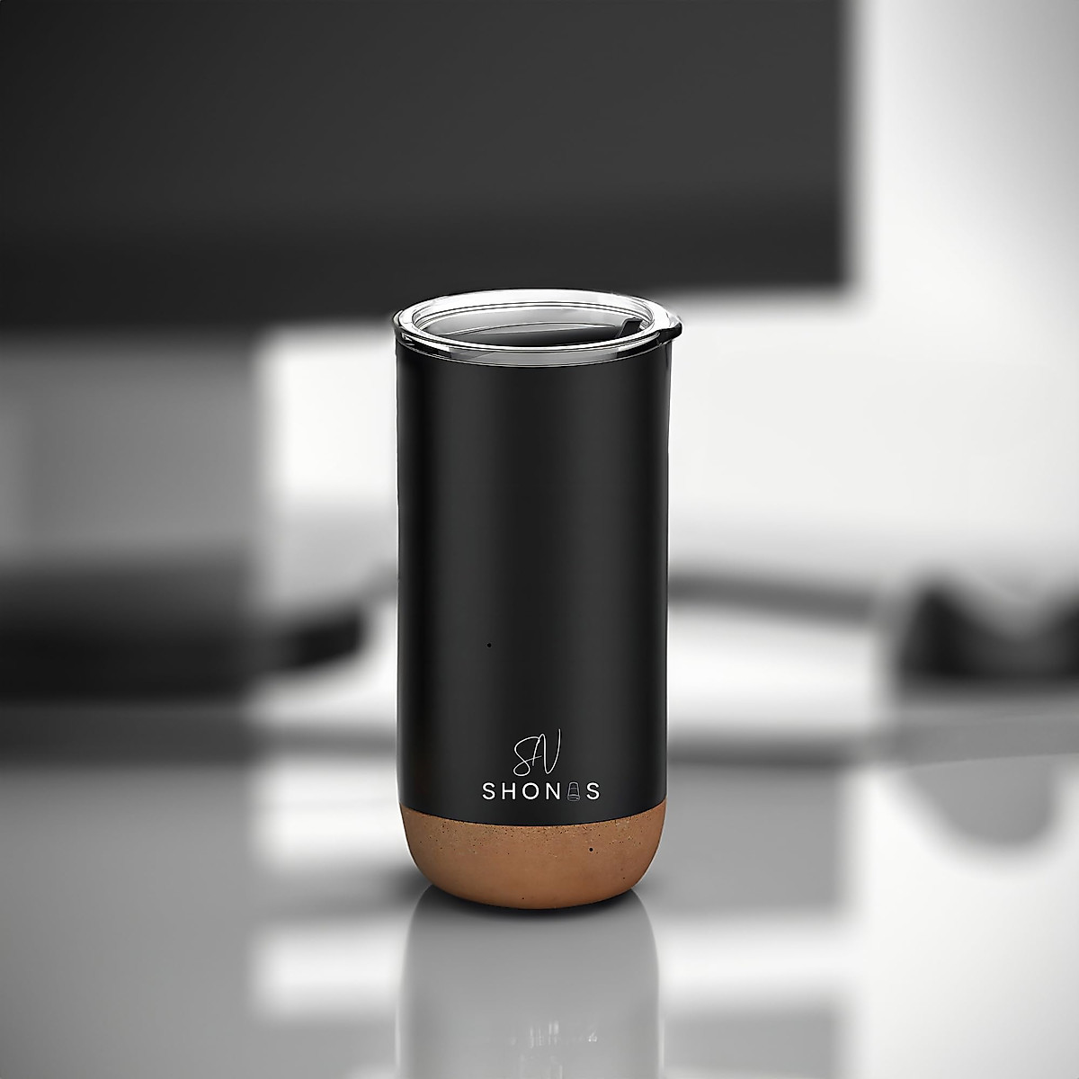 SHONAS 16oz Vacuum-Insulated Double Wall Stainless Steel Travel Thermal Mug: Hot/Cold for Hours, Non-slip Cork Bottom, Leak-Proof One-button Push Lid, BPA-Free, Black & White (Sleek Black)