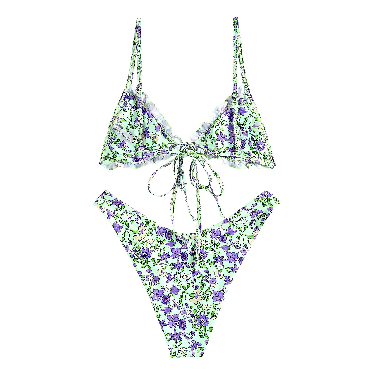 ZAFUL Women's Ruffled Textured Bow Tie Bikini Ditsy Floral Printed Swimsuit Two Piece Bathing Suit (Green&Purple M)