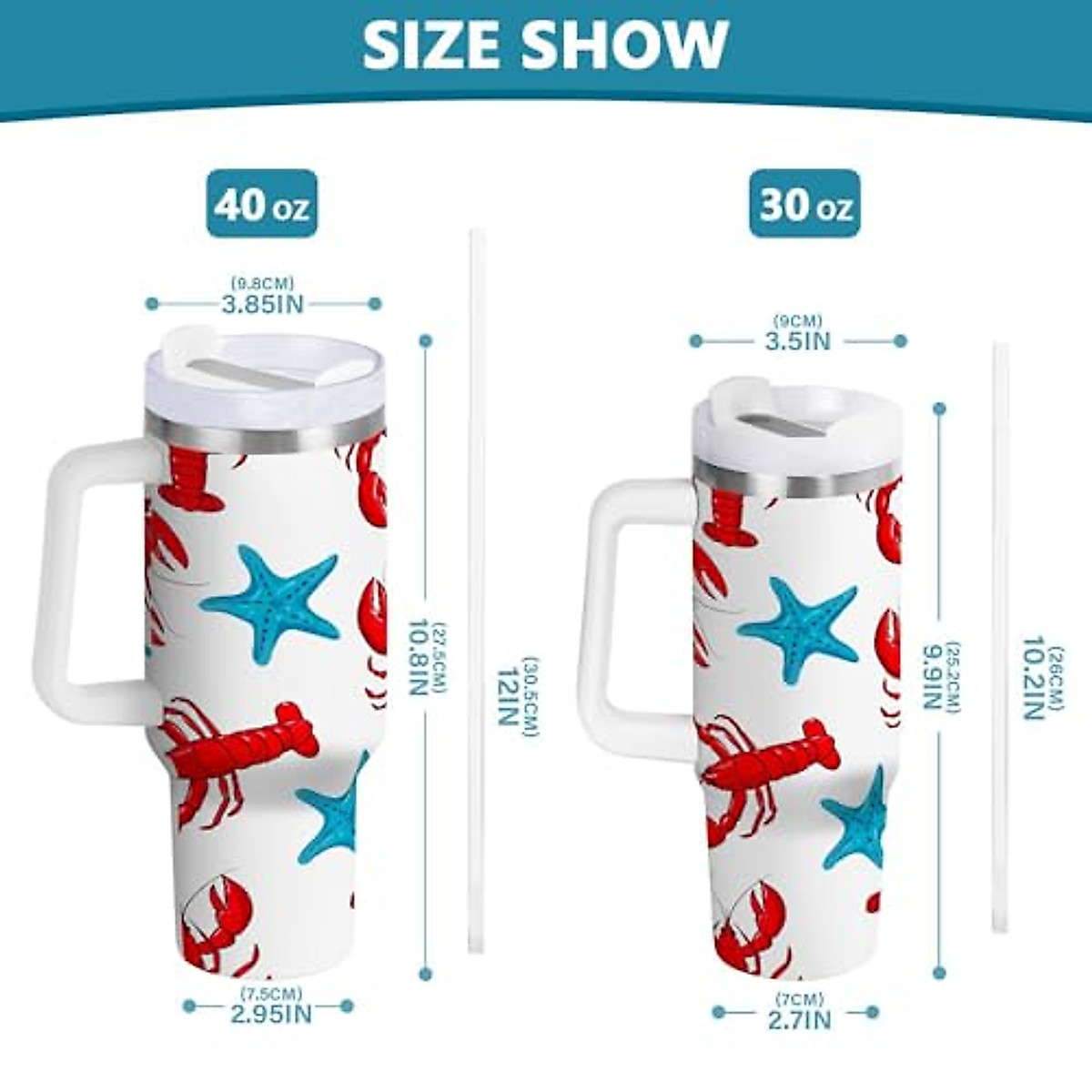 RPLIFE Playful Lobsters Starfish White Tumbler with Handle and Straw, Stainless Steel Coffee Cup, Insulated Coffee Mug with Lid, Tumbler for Men