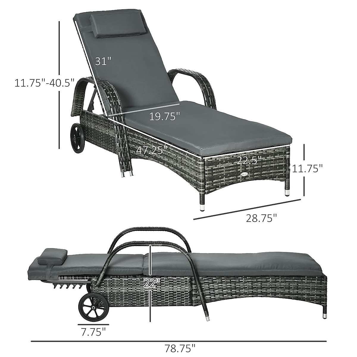 Outsunny Wicker Outdoor Chaise Lounge Set of 2, 5-Level Adjustable Backrest PE Rattan Pool Lounge Chair with Wheels, Cushion & Headrest, Mixed Gray and Charcoal Gray