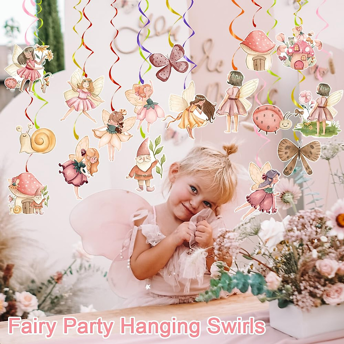Fairy Party Hanging Swirls Ceiling Decor - NO DIY, 24 Pcs Wonderland Garden Fairy Mushroom Frog Gnome Insect Hanging Decor, Perfect for Whimsical Birthday Baby Shower Celebration Decorations