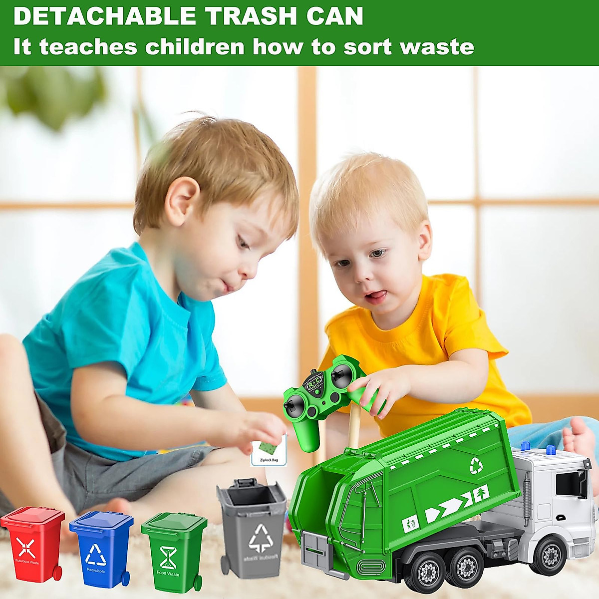 CALEST 2.4Ghz RC Garbage Truck with 4 Trash Cans, 6 Channel Remote Control, Waste Management Toy, 100pcs Garbage Sorting Cards, Boys 3+
