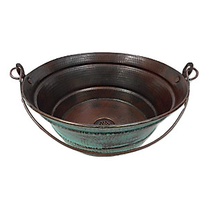 SimplyCopper 15" Round Vintage Look Copper Bucket Vessel Sink with GREEN Patina with Drain and 13" ORB Clayborne Vessel Filler Faucet