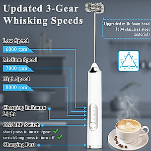 Electric Milk Frother Handheld White USB Rechargeable Drink Mixer, Detachable Milk Frother 3 Speeds Adjustable Foam Maker for Coffee, Lattes, Matcha, Hot Chocolate