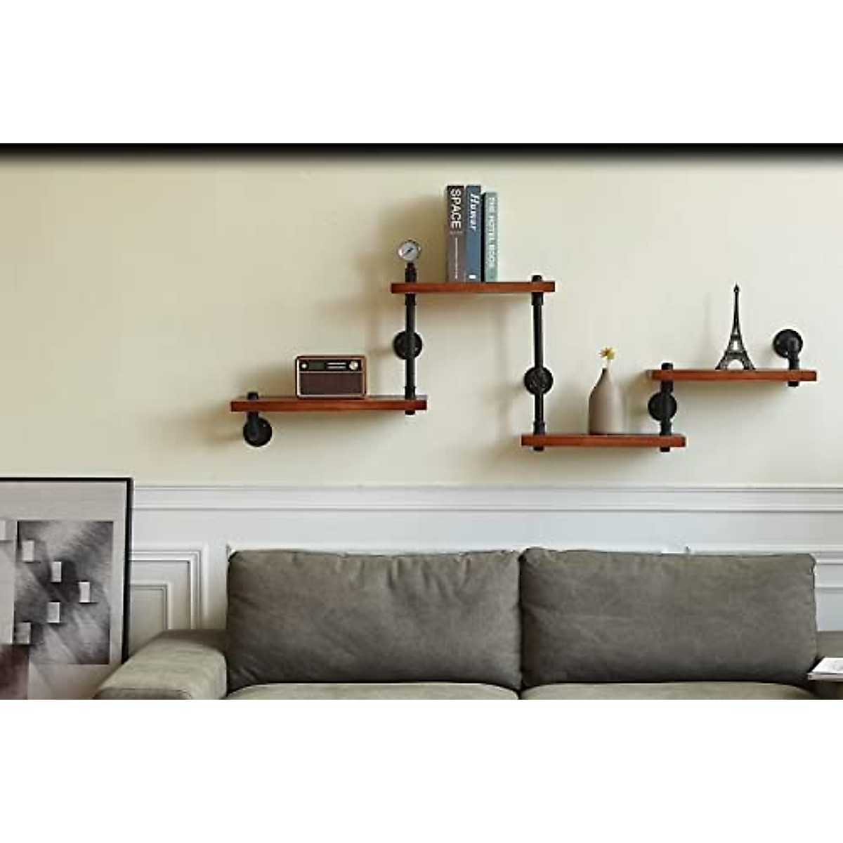 BIXIRAO Industrial Rustic Modern Solid Wood Ladder Pipe Wall Mounted Floating Shelves – 4 Tiers Bookshelf,DIY Storage Shelving,Hung Bracket,Bookcases