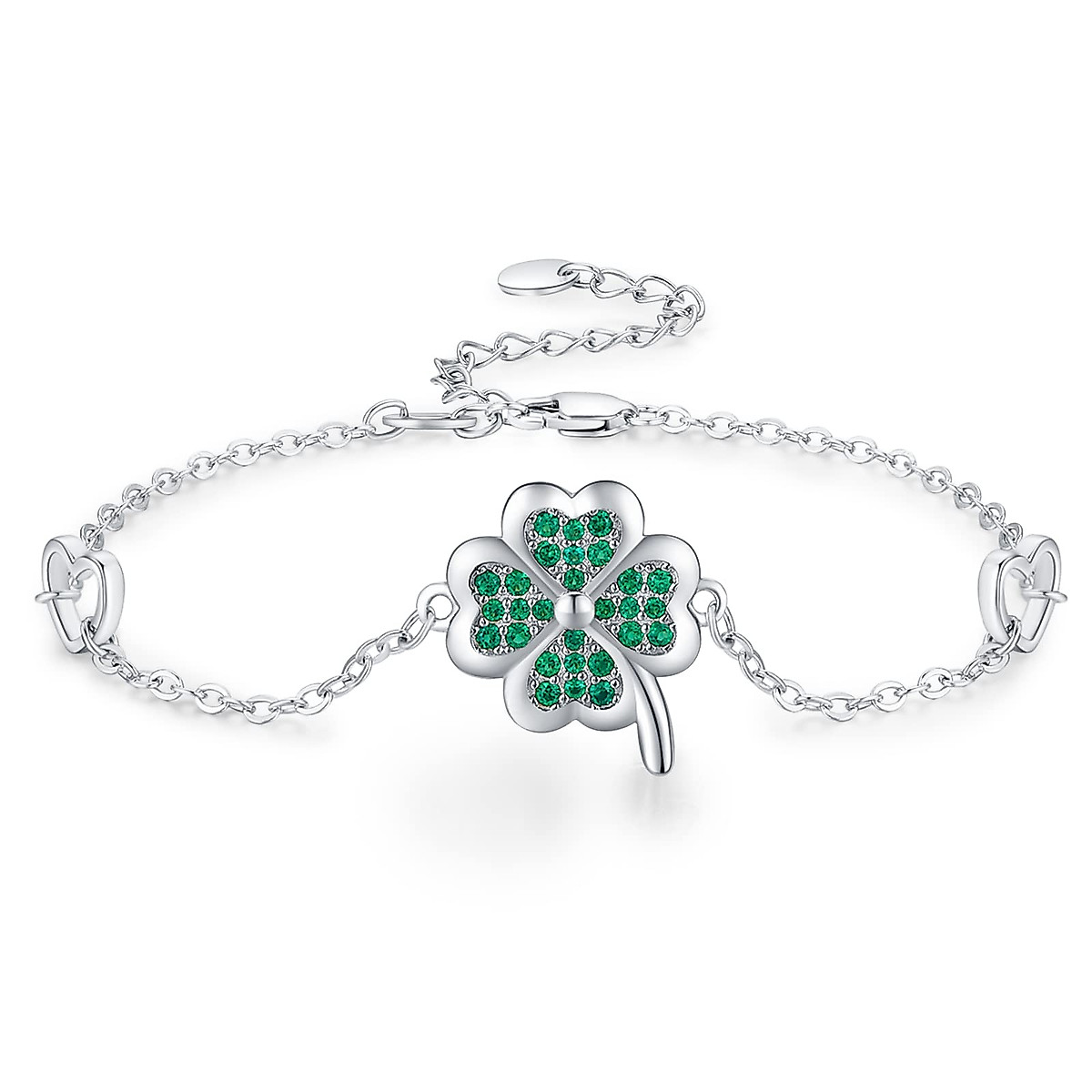 Midir&Etain Four Leaf Clover Bracelet 925 Sterling Silver St Patricks Day Irish Jewelry Gifts Prom Crystal Heart Bracelet for Lover Women Wife