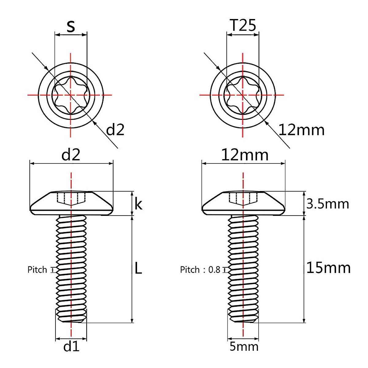 Wanyifa Titanium M4 M5 M6 10 12 15 20 25mm Button Torx Head Bolt Screw for Bicycle Motorcycle Pack of 4 (Black, M5x15mm)