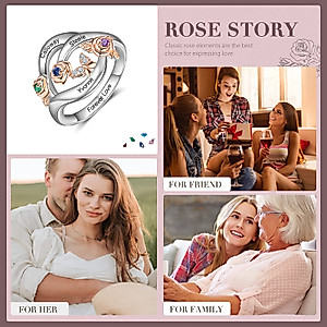 LanM Mothers Day Gifts Mothers Rings with 3 Birthstones Rose Ring Personalized Sterling Silver Custom Mom Ring with Name Gift for Wife Grandmother Family
