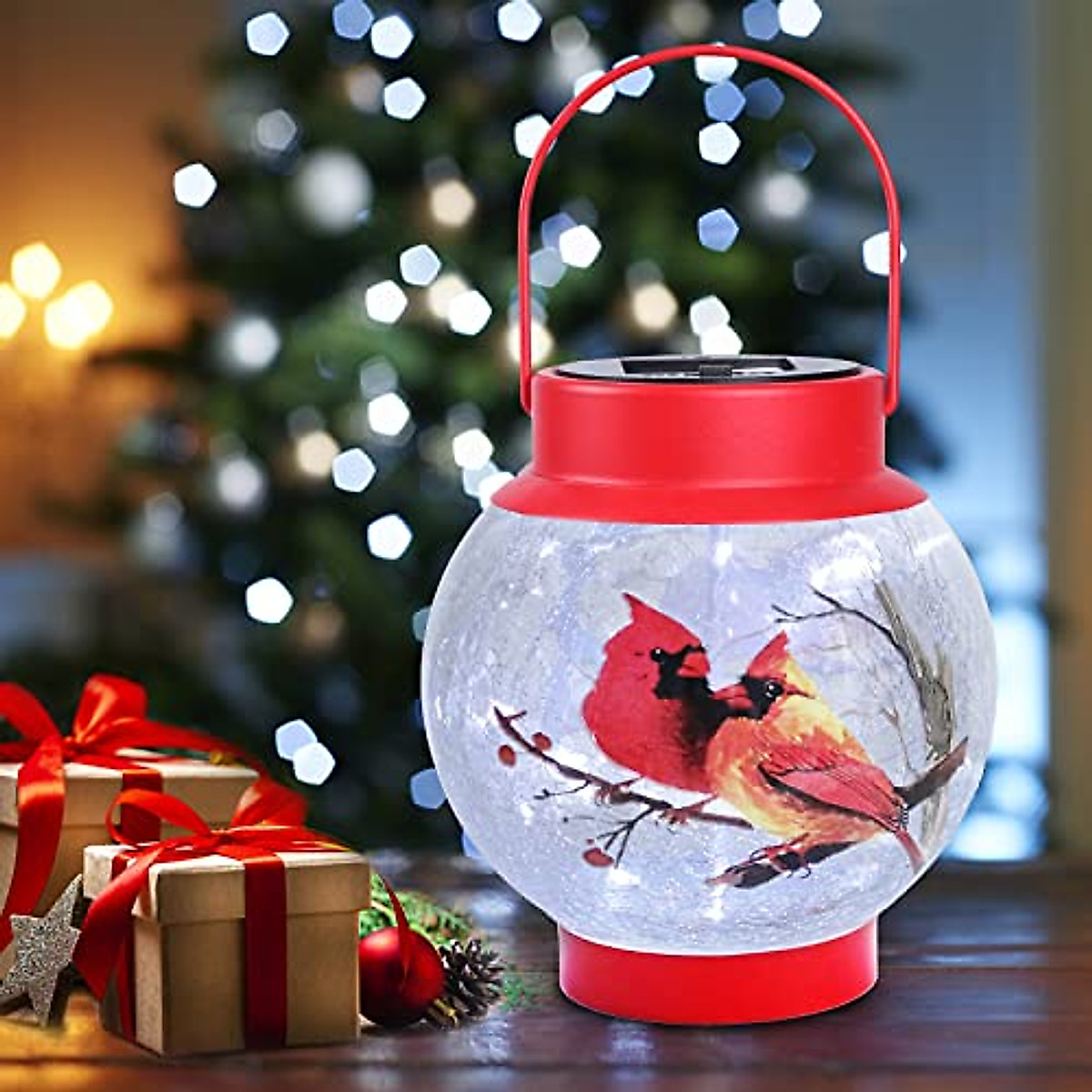 MUMTOP Solar Lantern Red Cardinal Light, Crackle Glass Hanging Solar Lights Outdoor LED Waterproof Tabletop Lamp for Table Yard Garden Patio Lawn Christmas Decorations