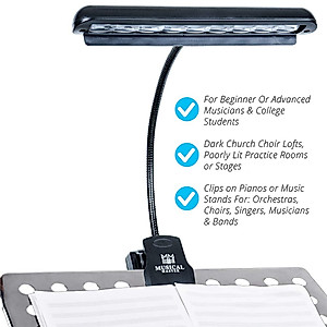 Music Stand Light - Book Light for Reading in Bed – Clip on Portable LED Light - Reading Light - Clamp Light for Violin, Piano, DJ, Desk & More – USB, AA battery operated (Batteries Not Included)