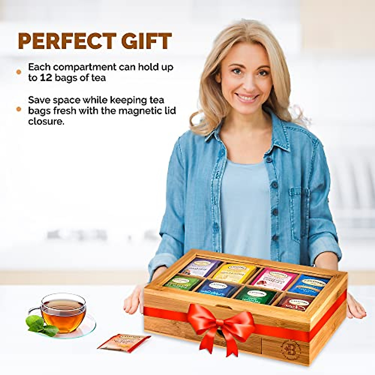 Bambüsi Bamboo Tea Box Organizer - Premium Wood Tea Chest with Slide-Out Drawer & Acrylic Window, Magnet Lid Keeps Teabag Fresh - Countertop & Cabinet Organization (Teabags Not Included) | Gift Idea