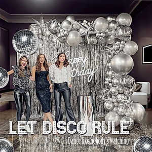 yeewaka silver disco party balloon garland arch kit 140cs with disco ball star mylar balloon for disco theme Birthday party graduation prom decorations