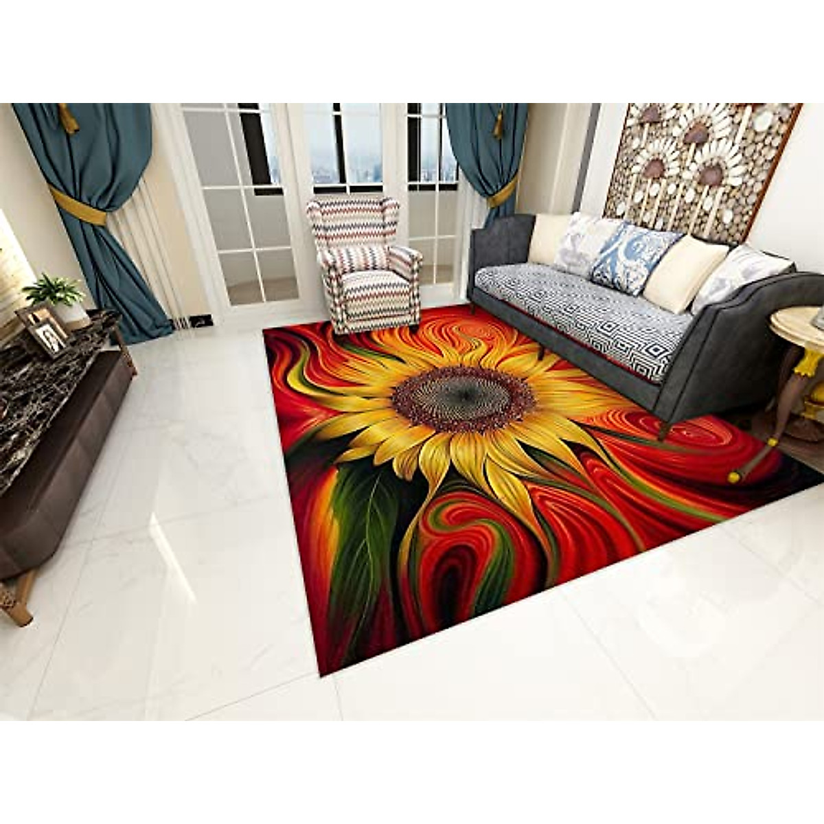 HONGXIU Sunflower Area Rug, 6x8ft,Yellow Sunflower Rug, 3D High-Definition Printing Stereoscopic Rug, Suitable for Living Room Bedroom Kitchen Modern Home Decoration Non-Slip Washable
